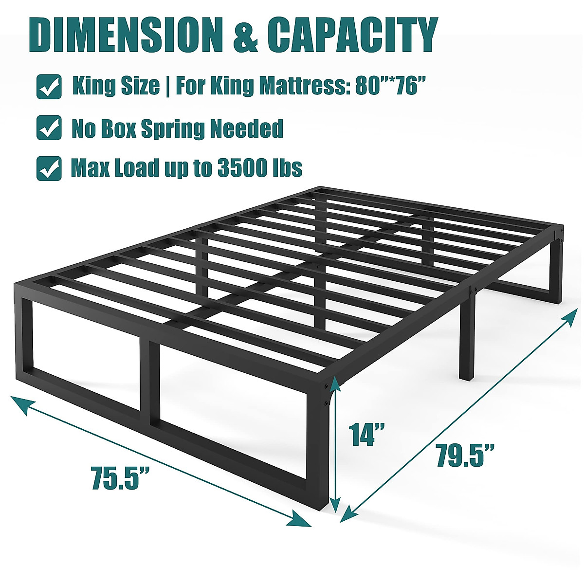 Yitong Angel King Bed Frame, 14 Inch High 3500 lbs Metal Platform, Mattress Foundation with Steel Slat Support/No Box Spring Needed/Noise Free/Non-Slip/Easy Assembly