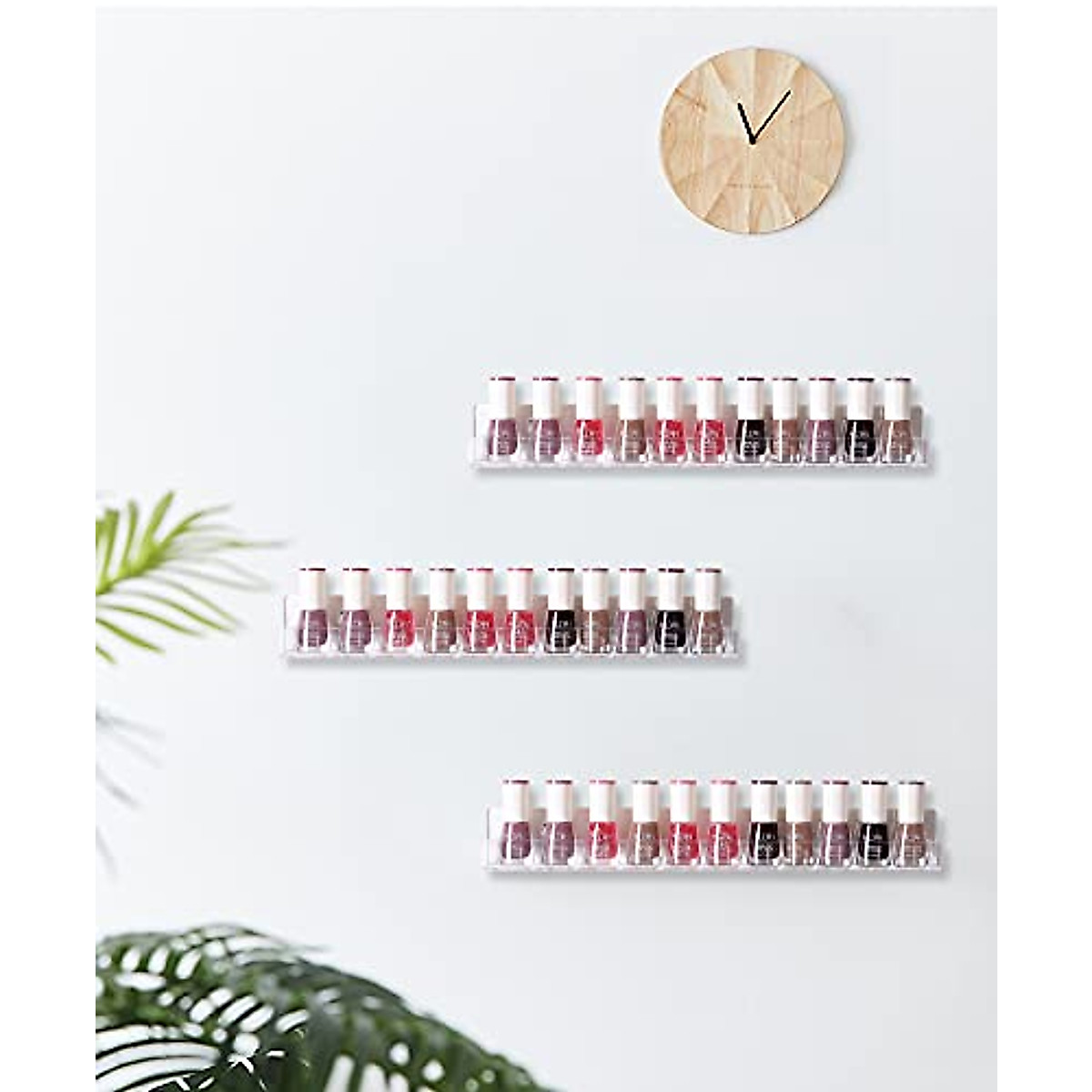 LikeU Nail Polish Rack Wall Mounted Shelf 4 Pack,Clear Acrylic Nail Polish Holder Organizer with Removable Anti-slip End Inserts,4 Tiers Floating Polish Organizer Display 60 Bottles