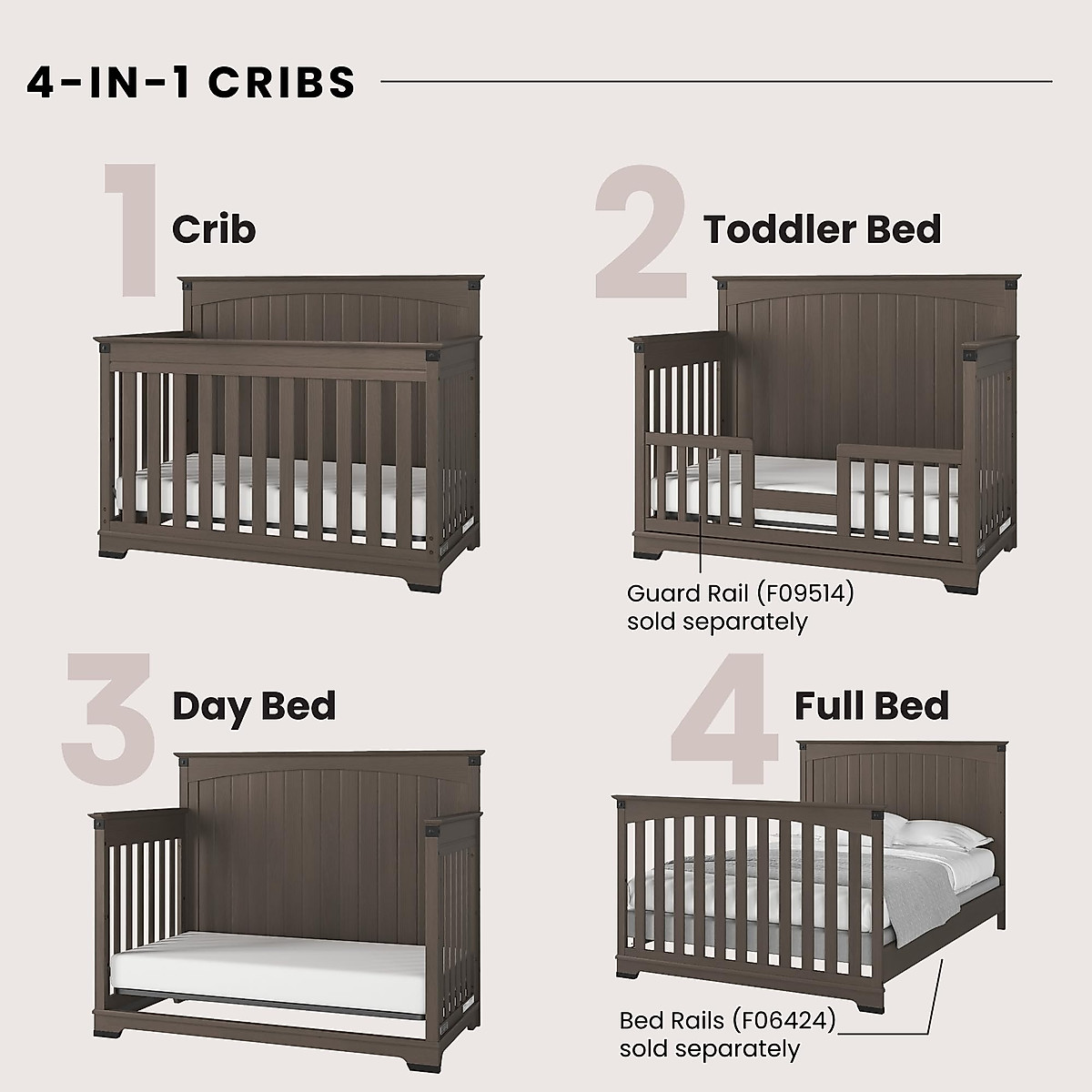 Child Craft Redmond Full Panel 4-in-1 Convertible Crib, Baby Crib Converts to Day Bed, Toddler Bed and Full Size Bed, 3 Adjustable Mattress Positions, Non-Toxic, Baby Safe Finish (Dapper Gray)