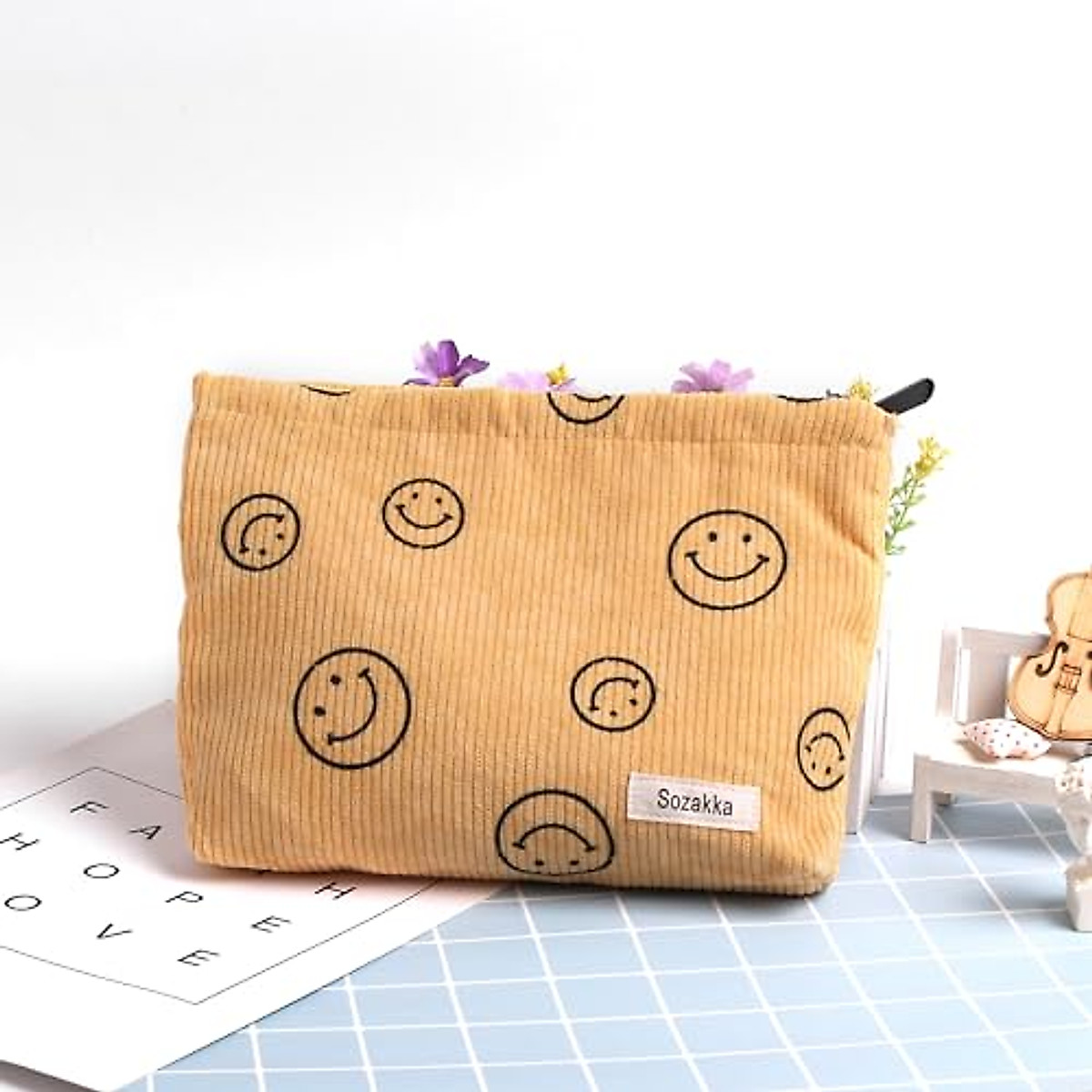 Cosmetic Bags for Women - Corduroy Cosmetic Bag Aesthetic Women Handbags Purses Smile Dots Makeup Organizer Storage Makeup Bag Girls Case Bags (Yellow)