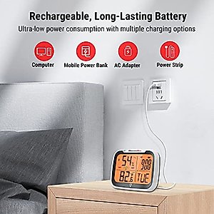 ThermoPro TP393 Hygrometer Indoor Thermometer for Home, Bluetooth Hygrometer Thermometer Range to 260FT via Smart App, Rechargeable Humidity Meter Room Thermometer and Clock with Large Size, Backlit