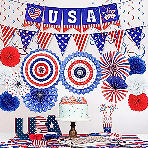 27 Pieces 4th of July Decorations Set, Red White Blue American Flag Hanging Honeycomb Paper Fans, Pom Poms, Swirls, Love USA Banner, Star Garland Patriotic Independence Day Outdoor Party Supplies