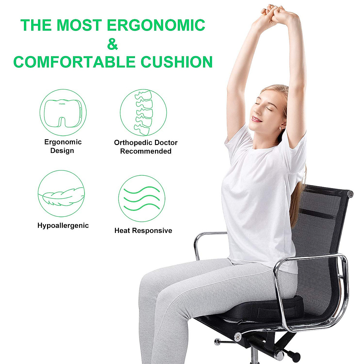HUISILK Seat Cushion for Office Chair Car- Memory Foam Coccyx Pad - Comfort Sciatica Pillows Support Back Hip Tailbone Pain Relief (Black)