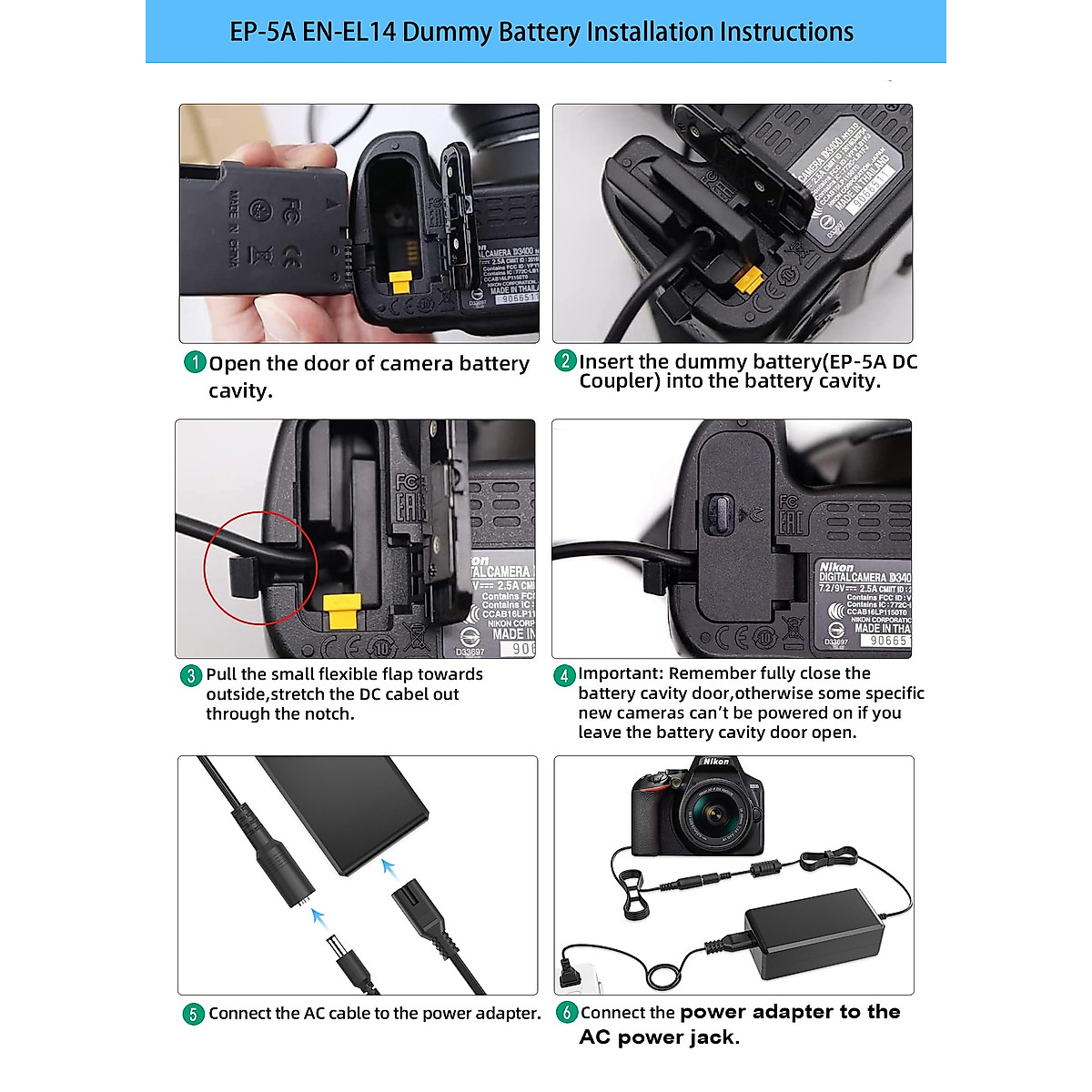 TKDY EP-5A EH-5 AC Power Adapter EN-EL14A Dummy Battery for Nikon D3500 D3400 D3200 D5100 D5200 D5300 D5500 D5600 D3100 D3300 Coolpix P7000 P7100 P7700 P7800 Df Cameras.