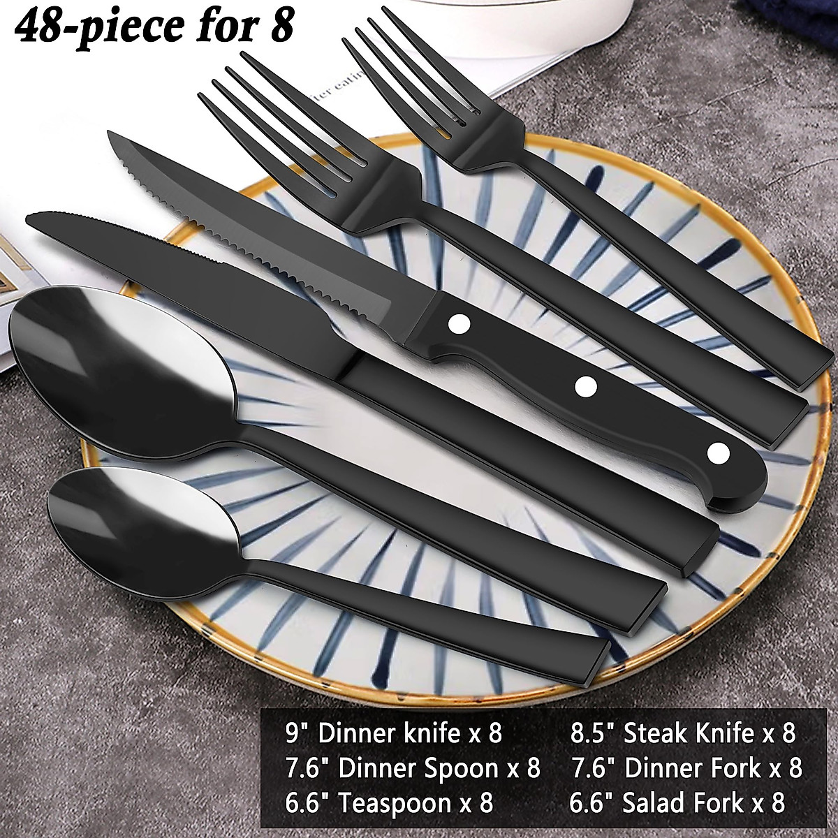 HaWare Black Silverware Set with Steak Knives, 48-Piece Stainless Steel Square Flatware Set for 8, Tableware Cutlery Set Includes Knives/Forks/Spoons, Modern & Elegant Design, Mirror Polished