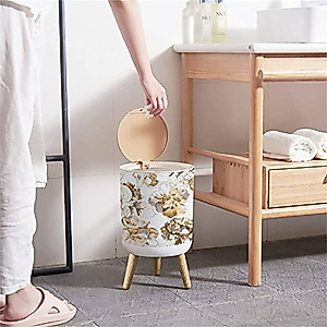 Small Trash Can with Lid Seamless with a Gold Hydrangea and Cherry Flowers Round Recycle Bin Press Top Dog Proof Wastebasket for Kitchen Bathroom Bedroom Office 7L/1.8 Gallon