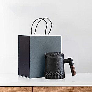 Shimkong Handle Tea Mug, Chinese Ceramic Tea Cup with Infuser and Lid, 13.5oz (Black)