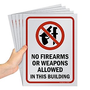 SmartSign (Pack of 5) 12 x 9 inch “No Firearms Or Weapons Allowed In This Building” Sign, Screen Printed, 10 mil Polystyrene Plastic, Red/Black on White