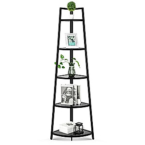 Acllkswx 70 inch Rustic Corner Shelf 5 Tier Tall Corner Bookshelf Bookcase Plant Stand for Living Room, Kitchen, Home Office (Black)