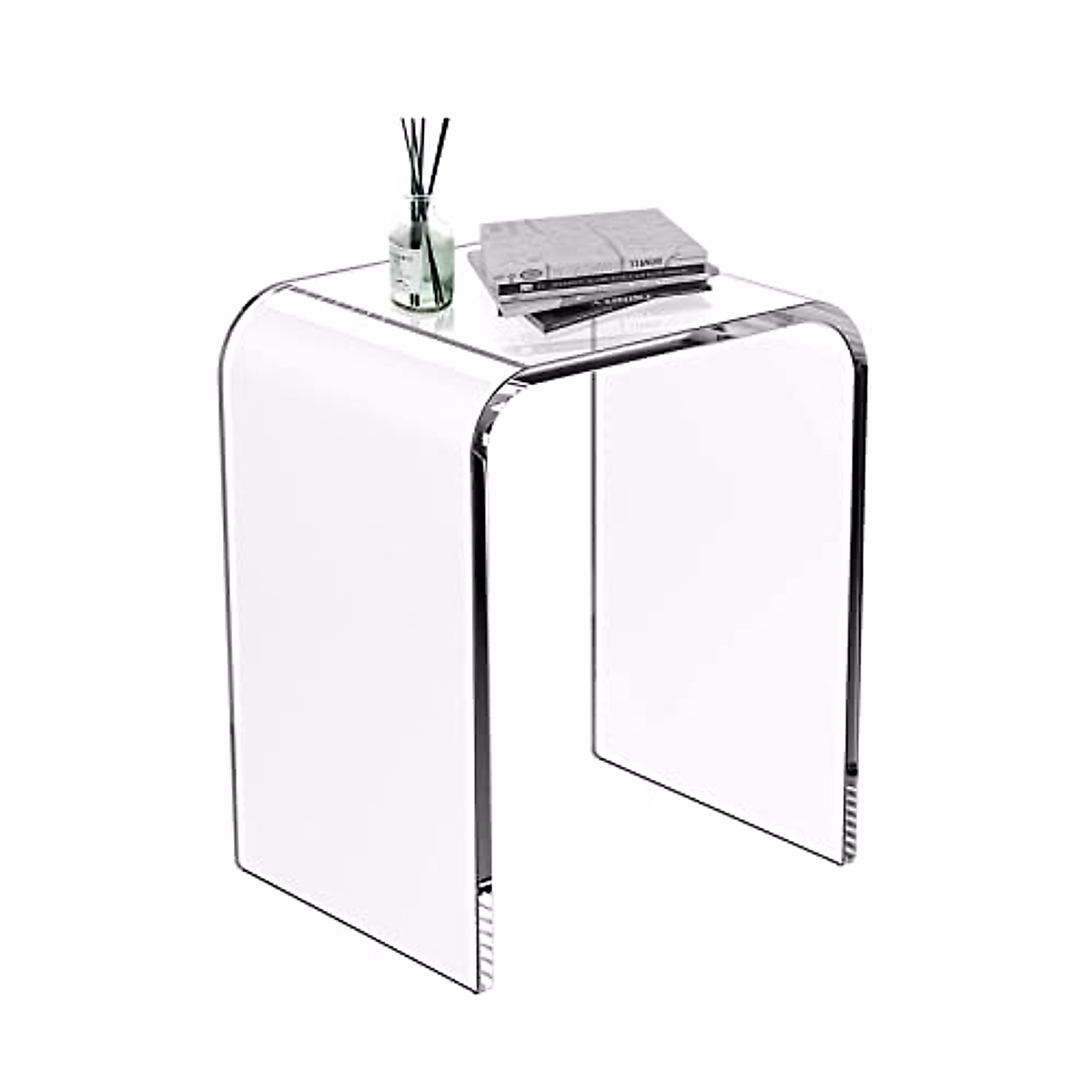 WAHFAY Acrylic End Table, Modern Lucite Side Table with Waterfall Edges, Contemporary Square Nightstand and Stool for Living Room and Bedroom, Clear