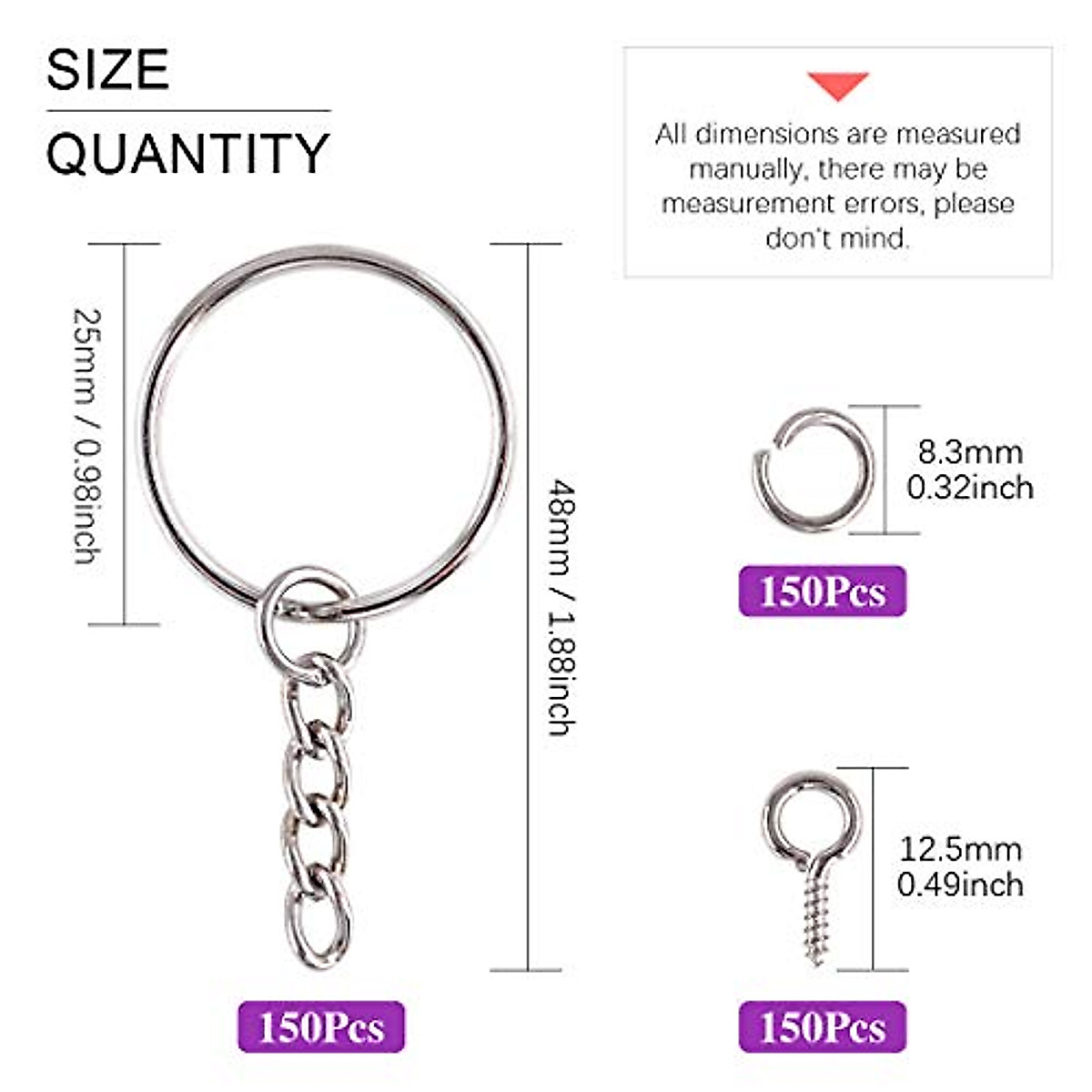 Swpeet 450Pcs 1" 25mm Sliver Key Chain Rings Kit, Including 150Pcs Keychain Rings with Chain and 150Pcs Jump Ring with 150Pcs Screw Eye Pins Bulk for Jewelry Findings Making (Sliver)