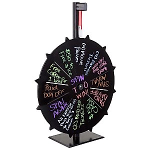Displays2go Prize Wheel for Tabletop Use with 12 Prize Slots, 27" Glossy Black Write-on Surface Works with Wet-Erase and Liquid Chalk Markers (Not Included), Plastic Flapper, Black Aluminum Stand