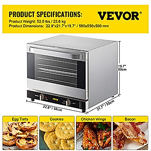 VEVOR Commercial Convection Oven, 66L/60Qt, Half-Size Conventional Oven Countertop, 1800W 4-Tier Toaster w/ Front Glass Door, Electric Baking Oven w/ Trays Wire Racks Clip Gloves, 120V