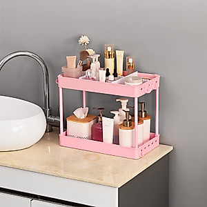 KINGRACK 3 Tier Rolling Utility Storage Cart with Adjustable Dividers, Multi-Purpose Storage Cart, Craft Art Cart Trolley Organizer, Slide Out Cart for Bedroom Bathroom Laundry Kid's Room, Pink