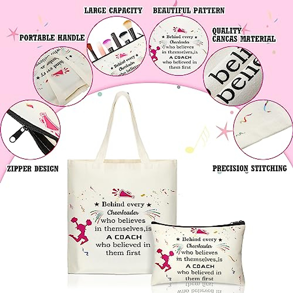 Paterr 2 Pack Cheer Bags for Cheerleaders Cheerleading Gifts Canvas Tote Bag for Women Teams Goodie Stuffers Party Supplies(White)