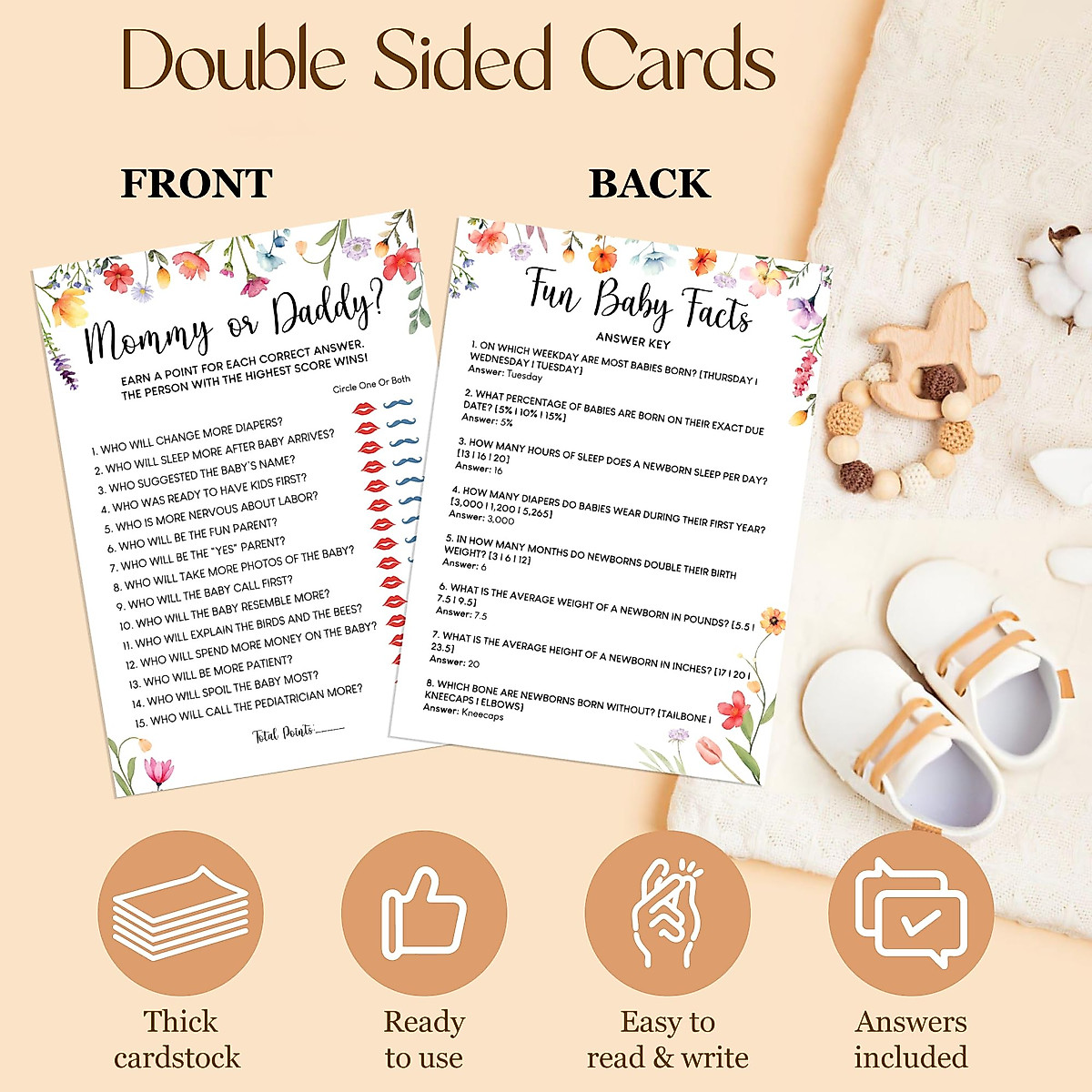 WOODAMORE Wildflower Baby Shower Games for Girl - Baby in Bloom Baby Shower Games Funny, Baby Shower Bingo Game, Floral Baby Bingo for Baby Shower Girl, Mommy Or Daddy Game, Baby Shower Word Scramble