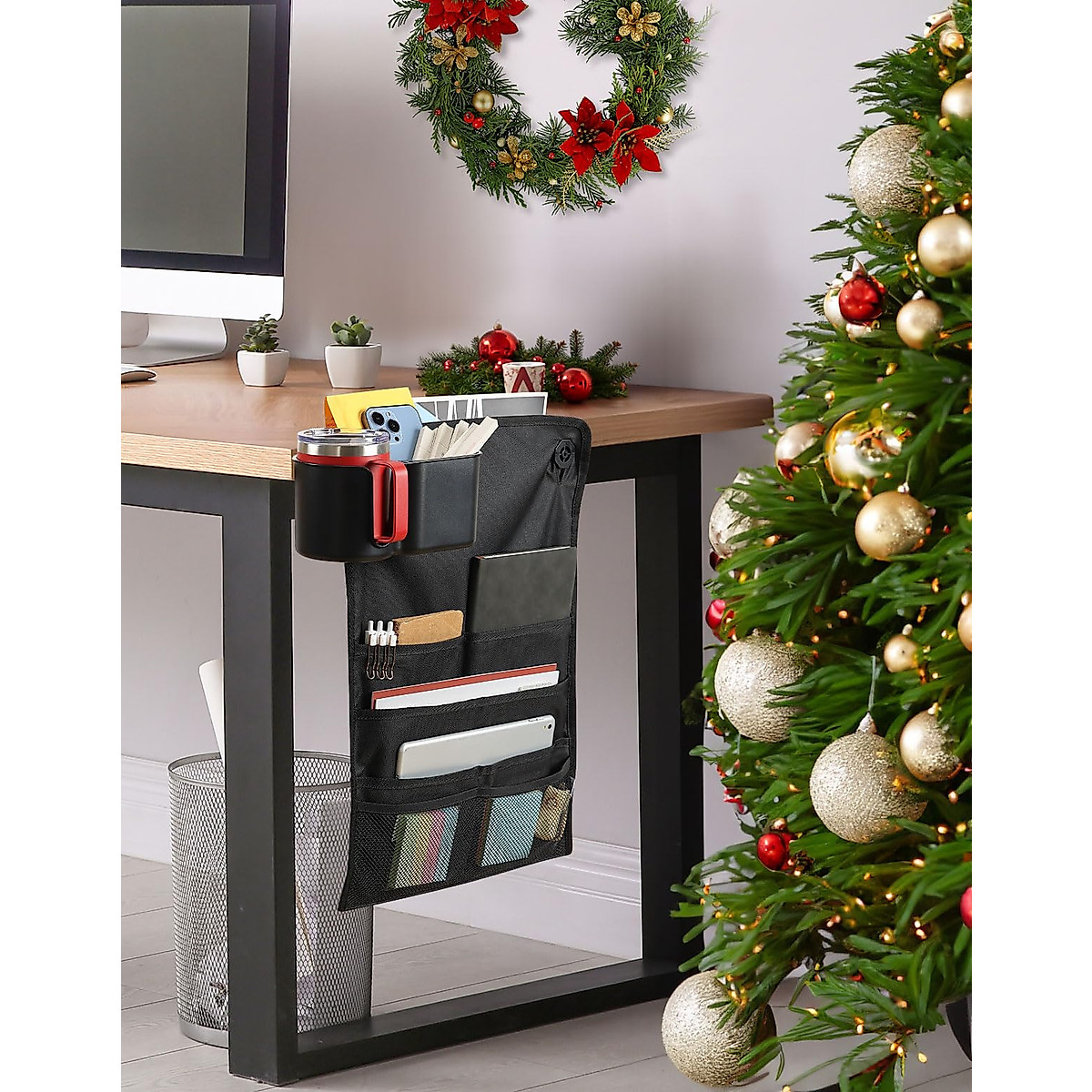 yamagahome Desk Cup Holder Clamp with Hanging Storage Bag, 2 in 1 Table Cup Holder Clip for Desk, Anti-Spill Tableside Cup Holder with Hanging Organizer for Home Office, College Dorm Rooms, RV