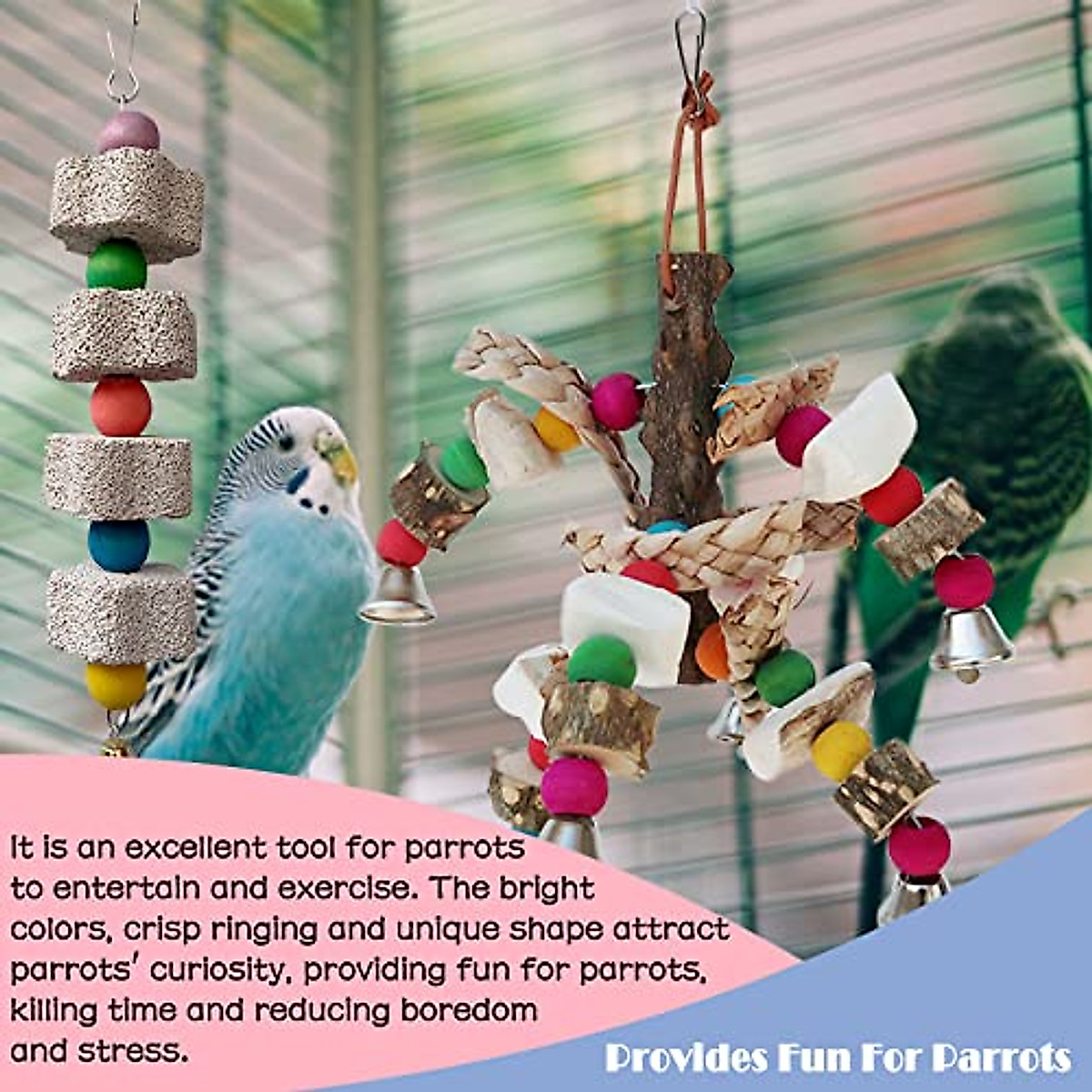 kathson Parrot Chewing Toy Bird Cuttlebone Toys Parakeet Beak Grinding Stone Hanging Bird Toys with Bell Natural Mineral Lava Blocks Chew Toys for Budgie Cockatiel Conure African Grey（2 Pack）