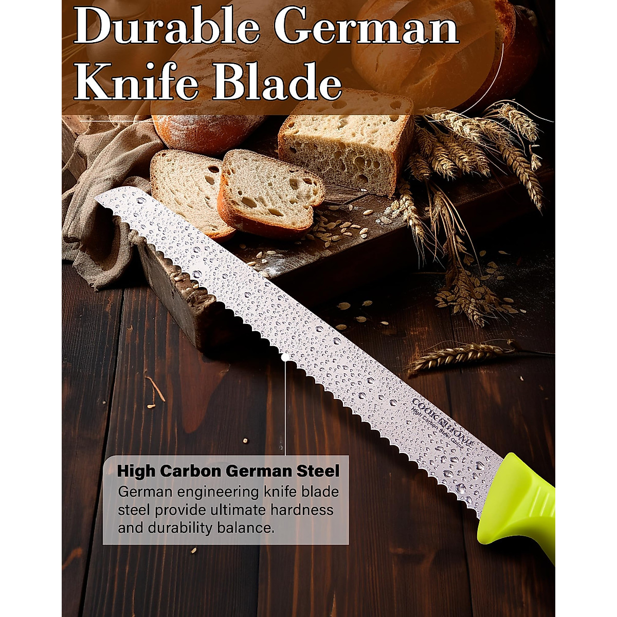 Cook N Home Bread Slicer Knife 10-Inch, Wavy Serrated High Carbon German Stainless Steel Sharp Kitchen Knife, Ergonomic Handle, Green
