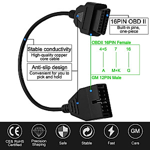 GOLITON OBD2 to OBD1 GM Adapter, 12 Pins Socket to OBD2 16 Pins Diagnostic Tool Connector Adapter Cable Compatible with GM 12 Pin