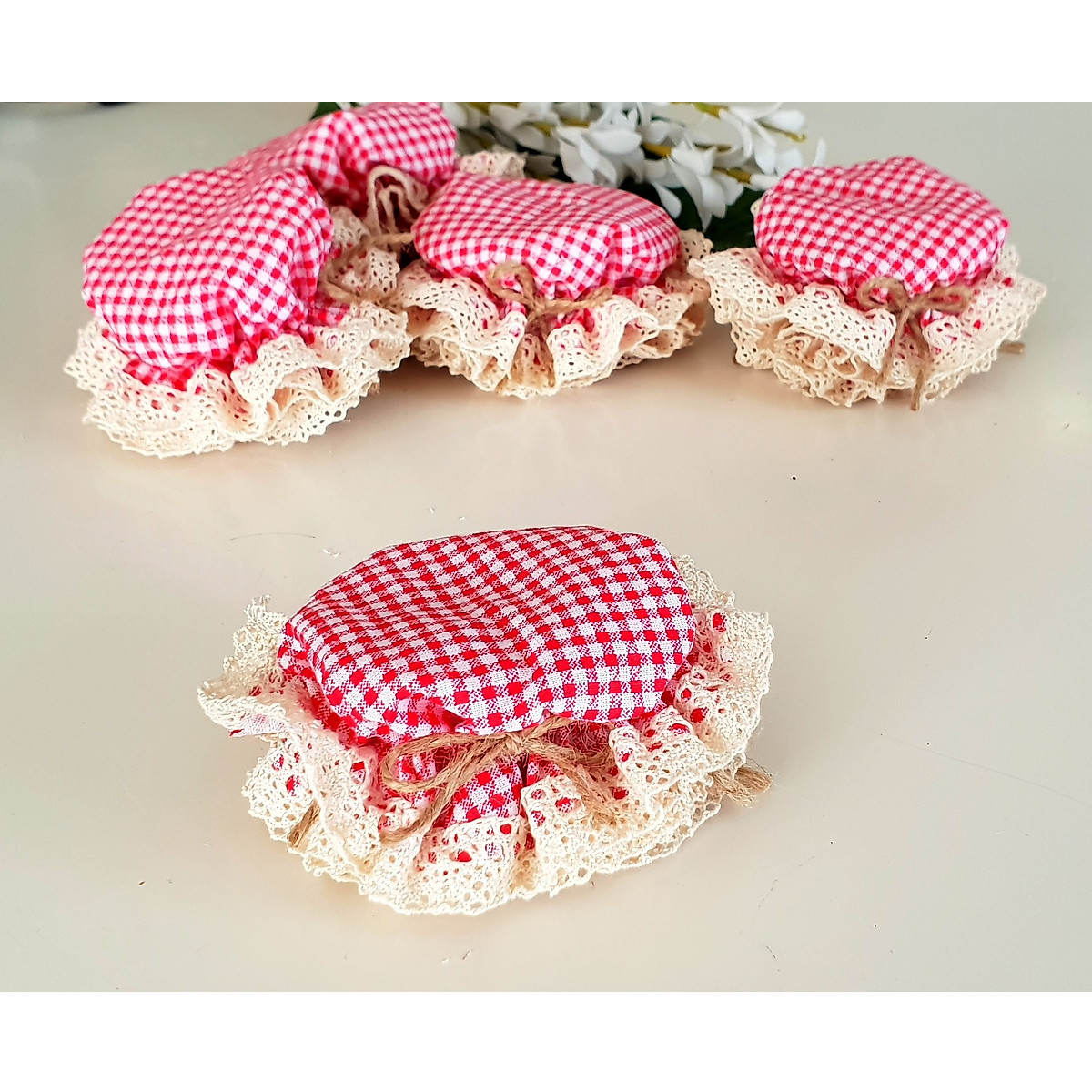 DLK - 10 pieces Elasticated Jar Cover Cloth - 100% Cotton Jar Cover Cloth - Stretchy Red Gingham (Checkered) Pattern - Breathable Fermentation Lid Bowl - Reusable Elastic Cloth Jar Covers