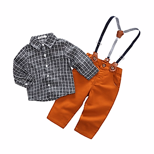 Kimocat Baby Boy Casual Suit 2pcs Cotton Long Sleeve Plaid Button-Down Shirt Pant with Suspenders Outfits Clothes Set (Gray, 2-3T)