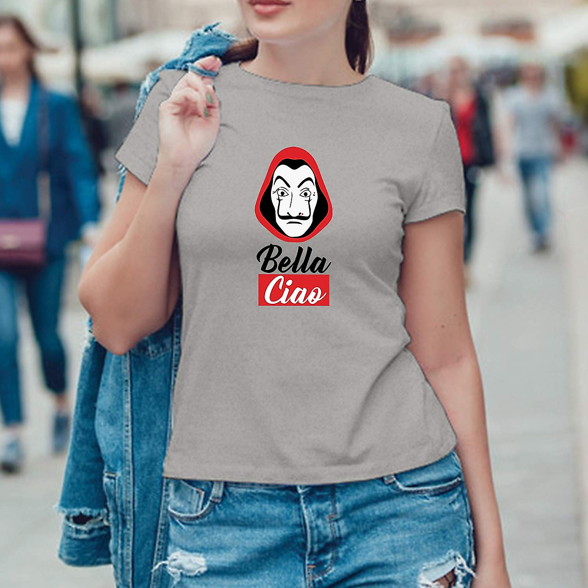 BannerBuzz, Bella Ciao Crew Neck T-Shirt Short Sleeve, Cotton Fabric, Unisex, Digitally Printed, Fabric Warranty for up to 25 Washes (XX-Large, Gray)