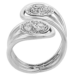 Sterling Silver St Benedict Ring for Women Wire Wrapped 2 Medals Bypass Handmade 1 1/4 inch long, size 7