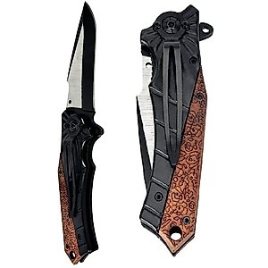 Spring Assisted Pocket Knife with Clip, Folding Pocket Knife - Decorative Metal and Wood Handle Grip