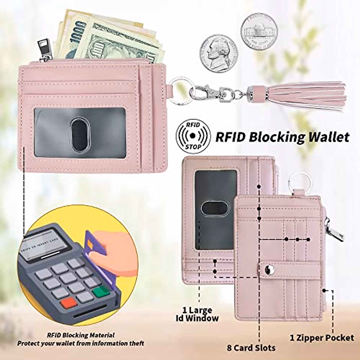 Araafur Leather Wristlet Keychain Set with Personal Alarm and Bottle Opener, Car Keychain Accessories for Women (Pink Keychain Wallet set)