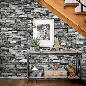 lenify Brick Wallpaper Peel and Stick Stone Wallpaper 17.7inch x 118.1inch Grey Stone Brick Paper Faux Stone Peel and Stick Wallpaper Grey Brick Self Adhesie Paper Modern Decorative Waterproof Vinyl