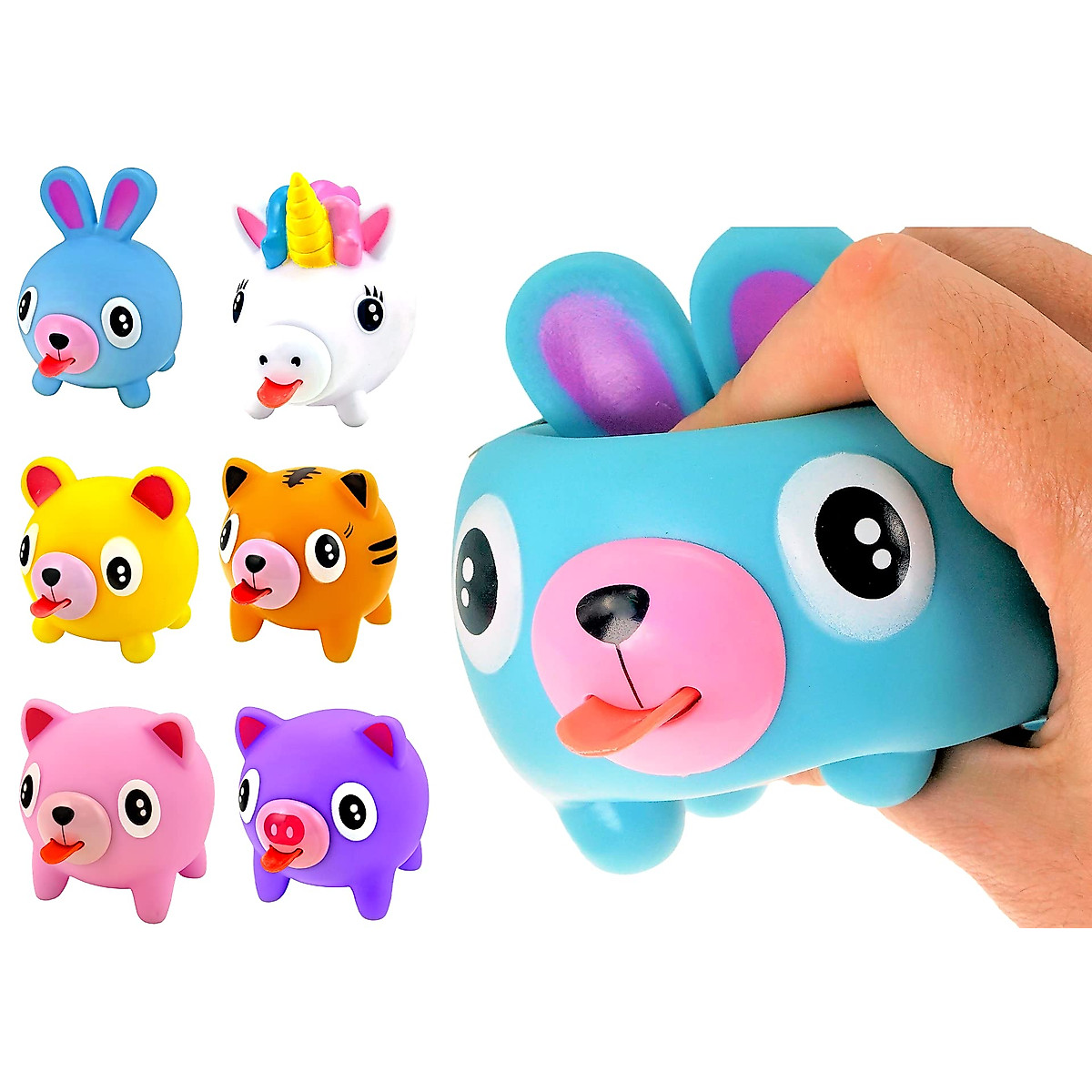 Squeeze Play and Sound Stress Ball Relievers Ball Tongue Out (6 Units) Ja-RU Screaming Talking Animal Toy for Kids & Toddlers. Cute Squeeze Stress Relief Soft Ball Decorations Plus Sticker 4342-6s