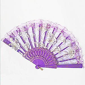 RAZZUM Decorative Folding Fans 1pcs Chinese Style Folding Fan Lace Hand Held Rose Flower Folding Fan Dance Party Wedding Decor Ventilador plegable Christmas fan (Color : Yellow)