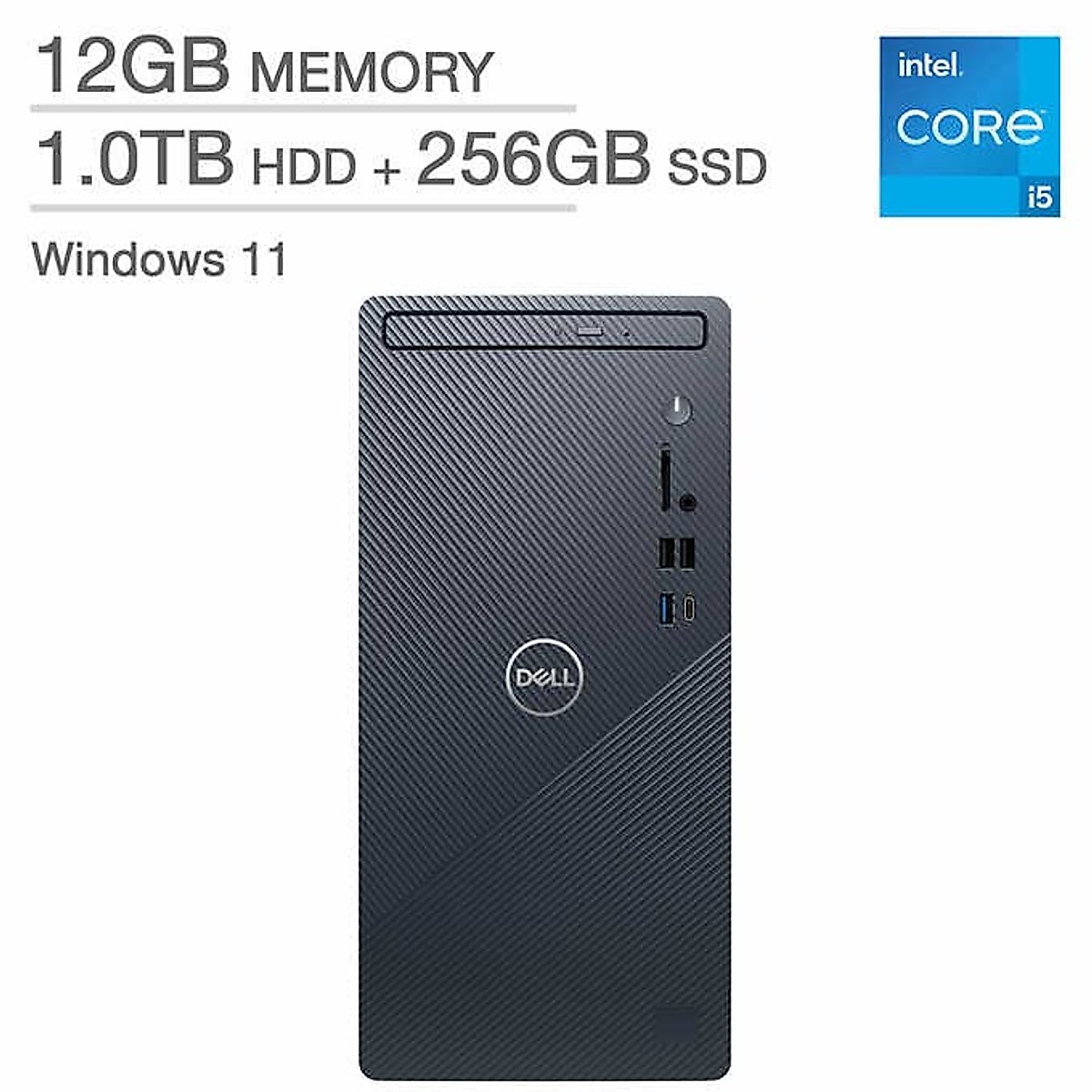 Dell Inspiron I3910 Desktop, 12th Gen Intel i5-12400 Processor, 12GB DDR4, 1TB HDD+256GB SSD, DVD Drive, Intel UHD Graphics, 802.11 ac, Bluetooth, HDMI, Windows 11 Home – Blue (Renewed)