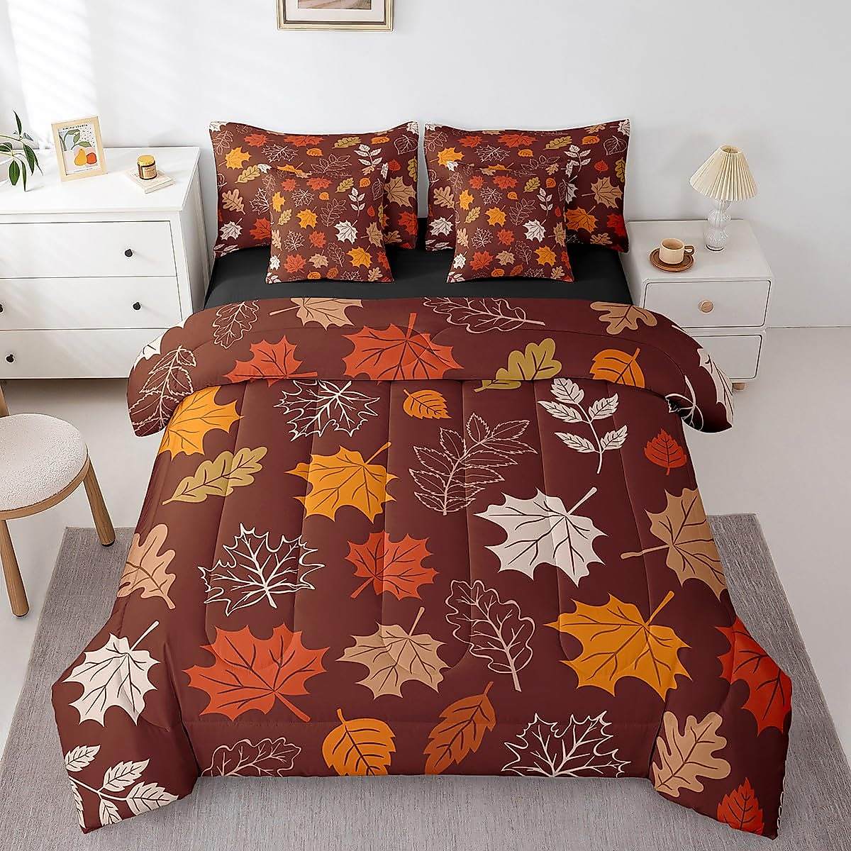 Erosebridal Autumn Harvest Comforter 7 Pieces King Size for Kids Teens with 2 Pillow Cases Fall Leaves Bedding Set Thanksgiving Day Sheet Set Rustic Farmhouse Bed Set Gold Fallen Leaf Fitted Sheet