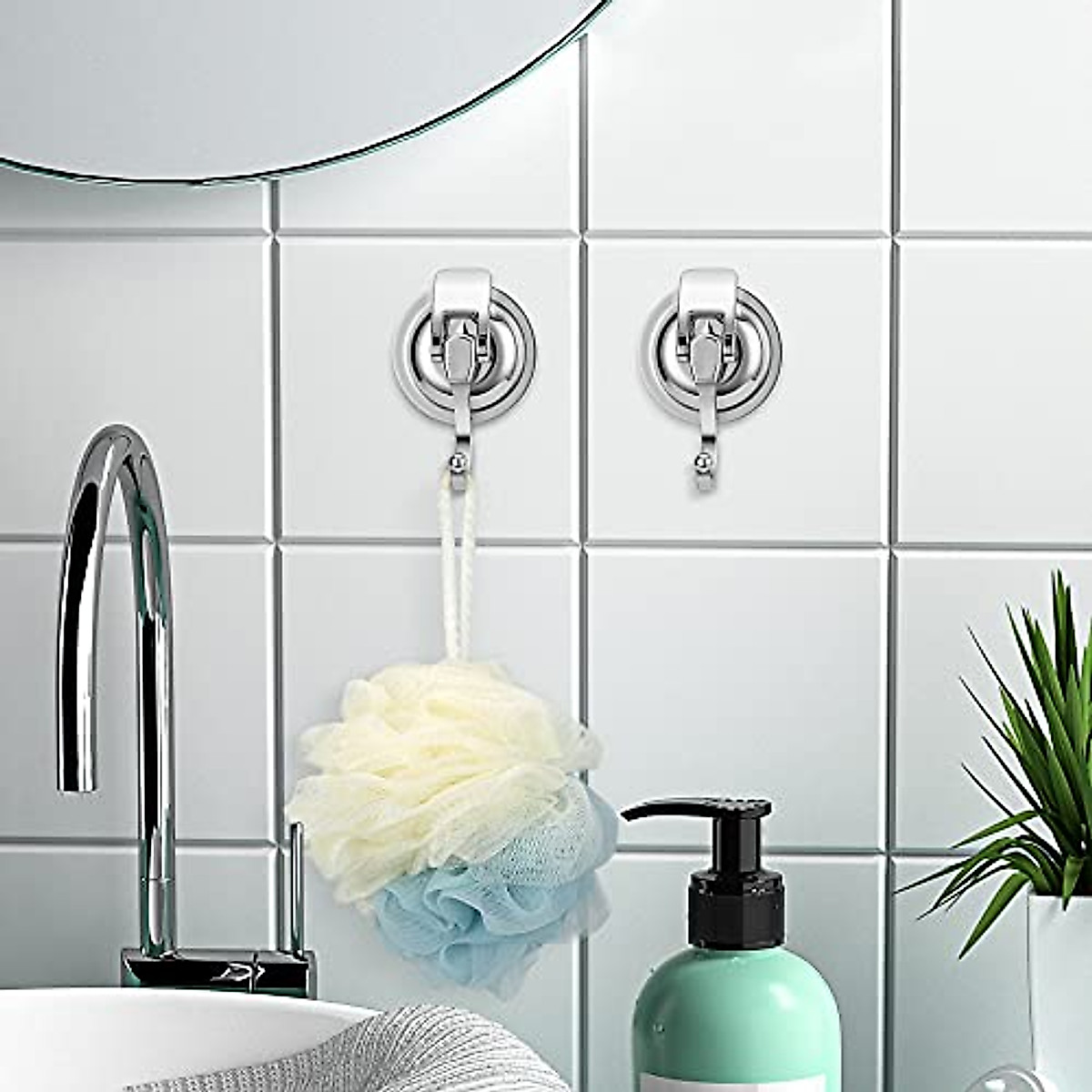 TESOT Suction Cup Hooks, Shower Hooks, Upgraded Suction Cups for Glass Chorme Silver, 2 Pack