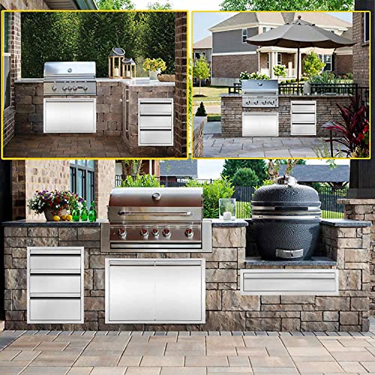 Atatod 14" W Outdoor Kitchen Drawer Stainless Steel BBQ Triple Drawer Flush Mount for Outdoor Kitchen Island(Overall Size:14" W x 21" H x 23" D inch)