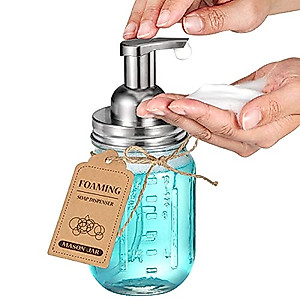 Amolliar 4pcs & 4pcs Brushed Nickel Mason Jar Bathroom Accessories Set - 2 Foaming Soap Dispenser&2 Qtip Holders&2 Cotton Swab Holder&2 Toothbrush Holder-Rustic Farmhouse Decor