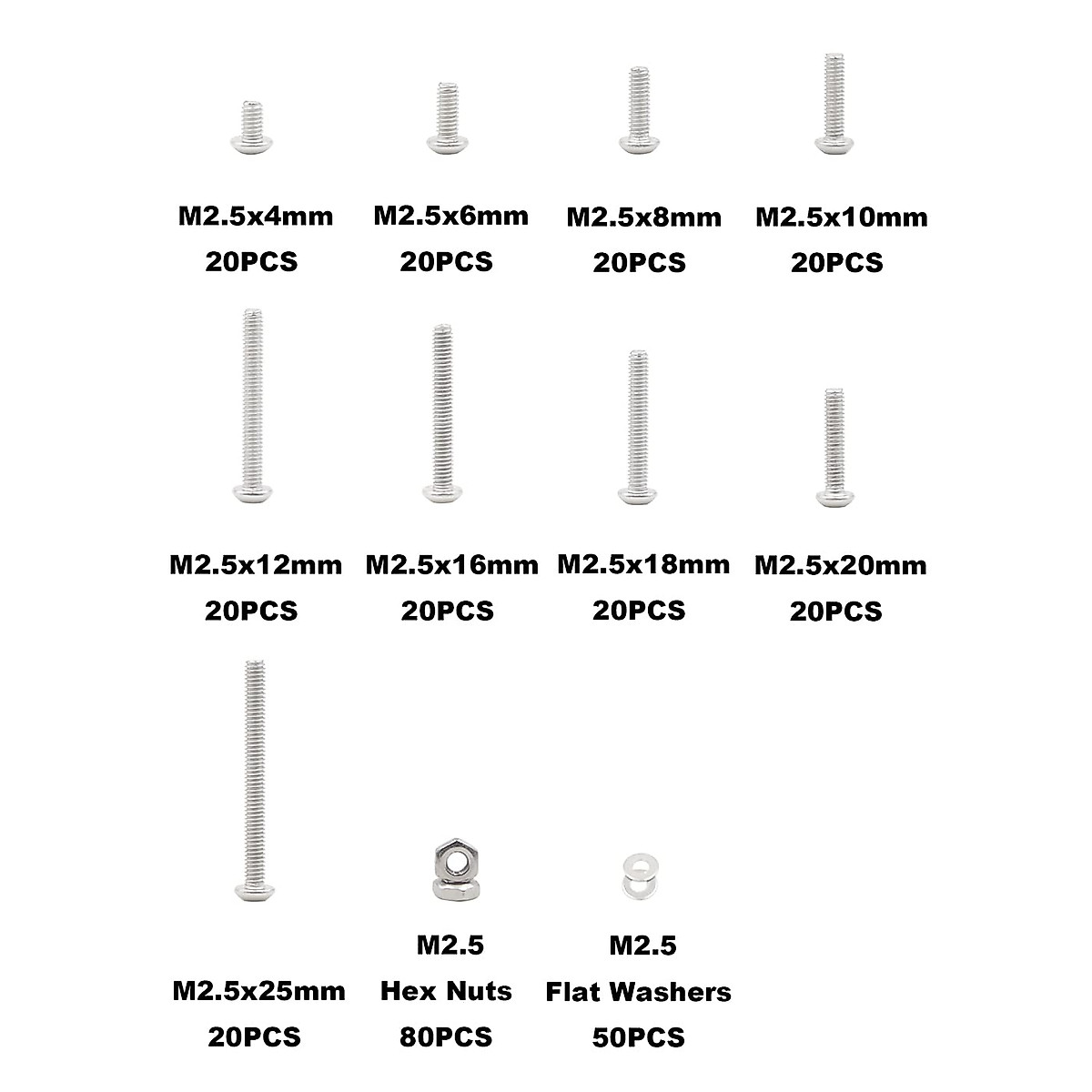 MCMASKE 310PCS Metric M2.5 304 Stainless Steel Button Head Socket Cap Screws Hex Nuts Flat Washers Assortment Kit