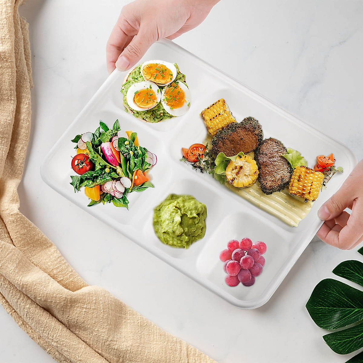 Hacaroa 50 Pack 5-Compartment Compostable Paper Plates, Natural Disposable Bagasse Plates School Lunch Trays, Rectangular Divided Plates for Party, Picnic, Eco-Friendly, Biodegradable, White