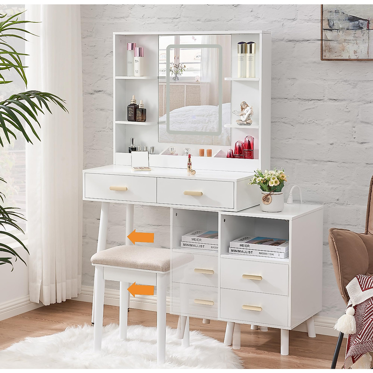 BEWISHOME Vanity Desk, White Vanity with Charging Station & Nightstand, Makeup Desk Makeup Vanity with Lights with 3 Colors Modes, Makeup Table Vanity Table with Stool Dressing Table Vanity Set FST18W