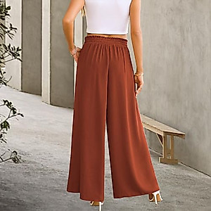YuYukan Women's Palazzo Pants Wide Leg Linen Loose Flowy Pants High Waist with Drawstring Pockets for Comfortable Dressy Look in Caramel Large