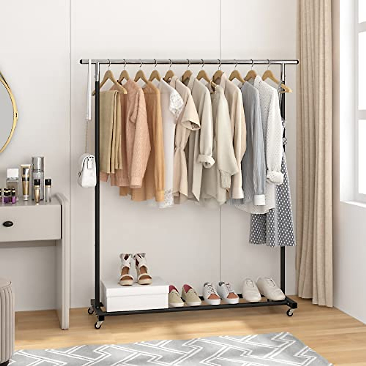 Buzowruil Clothing Rack Clothes Rack Standard Rod Simple Rolling Metal Garment Rack Organizer Freestanding Hanger with Wheels,Black with Silver