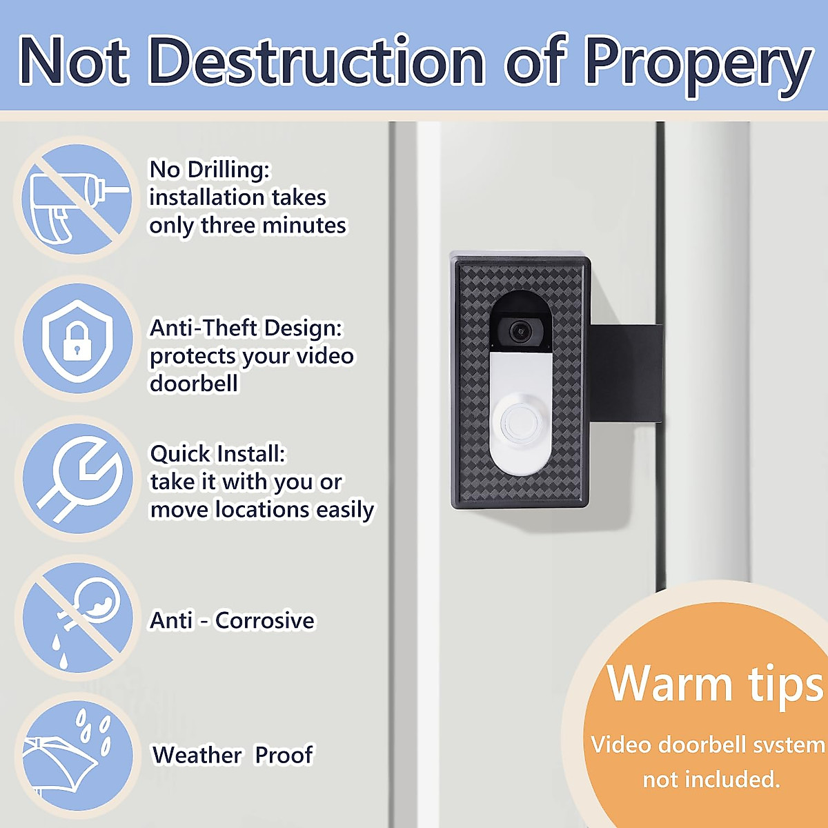 HTCELLE Anti-Theft Video Doorbell Mount, No Drill Ring Doorbell Holder for Apartment Hotel Rental Homes, Compatible with Ring Wireless Video Doorbell 4/3/3 Plus/2/1/Pro/2021/(2020 Release)