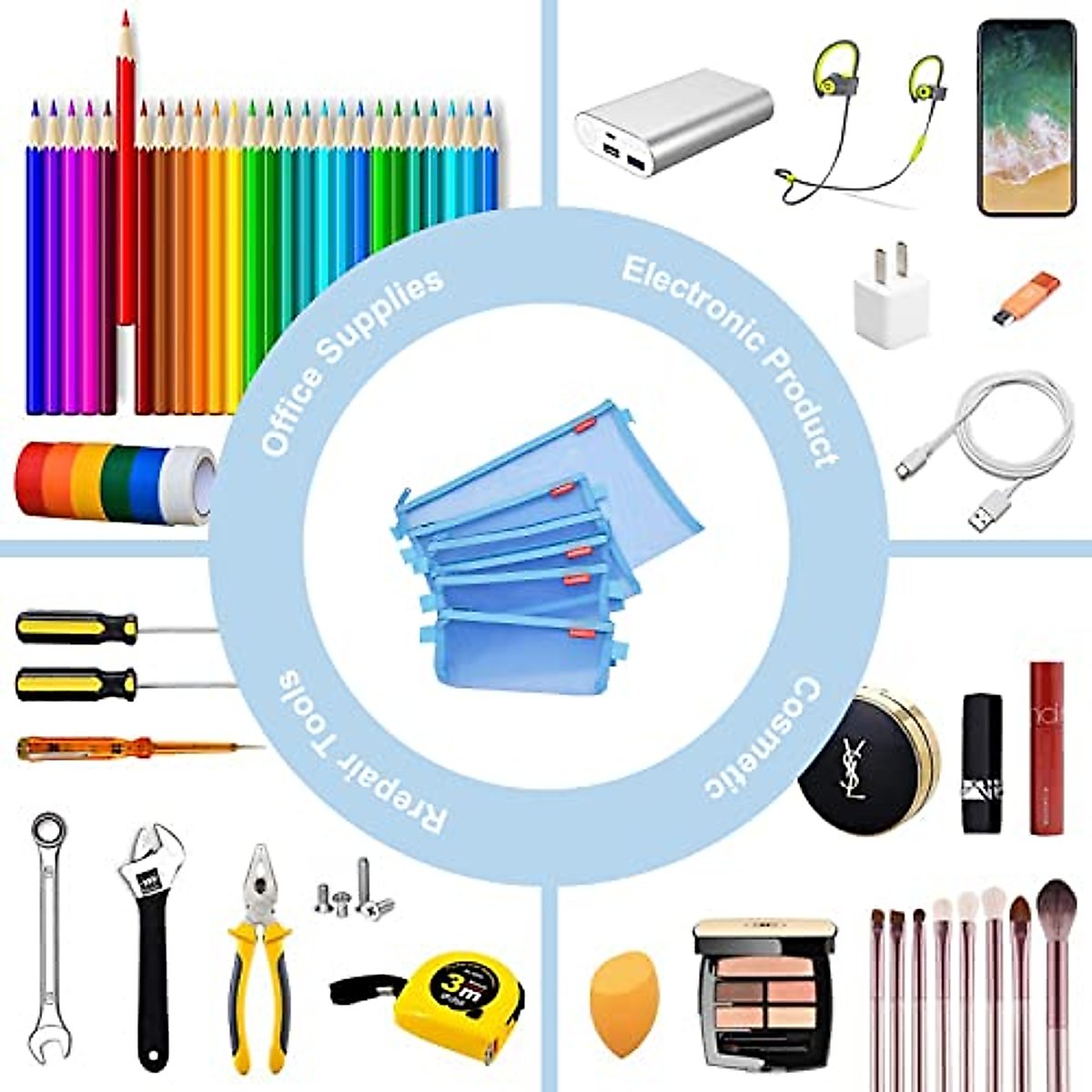 Desktop Calculator and 5pcs Mesh Zipper Pouch Bundle, 12-Digit Battery Solar Powered LCD Display Big Button Calculator, A4 A5 A6 Lightweight Nylon File Folders Document Organizer Cosmetic Bags