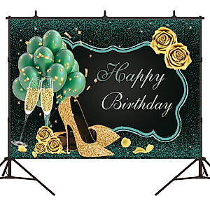Bellimas Happy Birthday Backdrop Green and Black Women Birthday Party Banner High Heels Champagne Gold Rose Background Birthday Prom Party Supplies