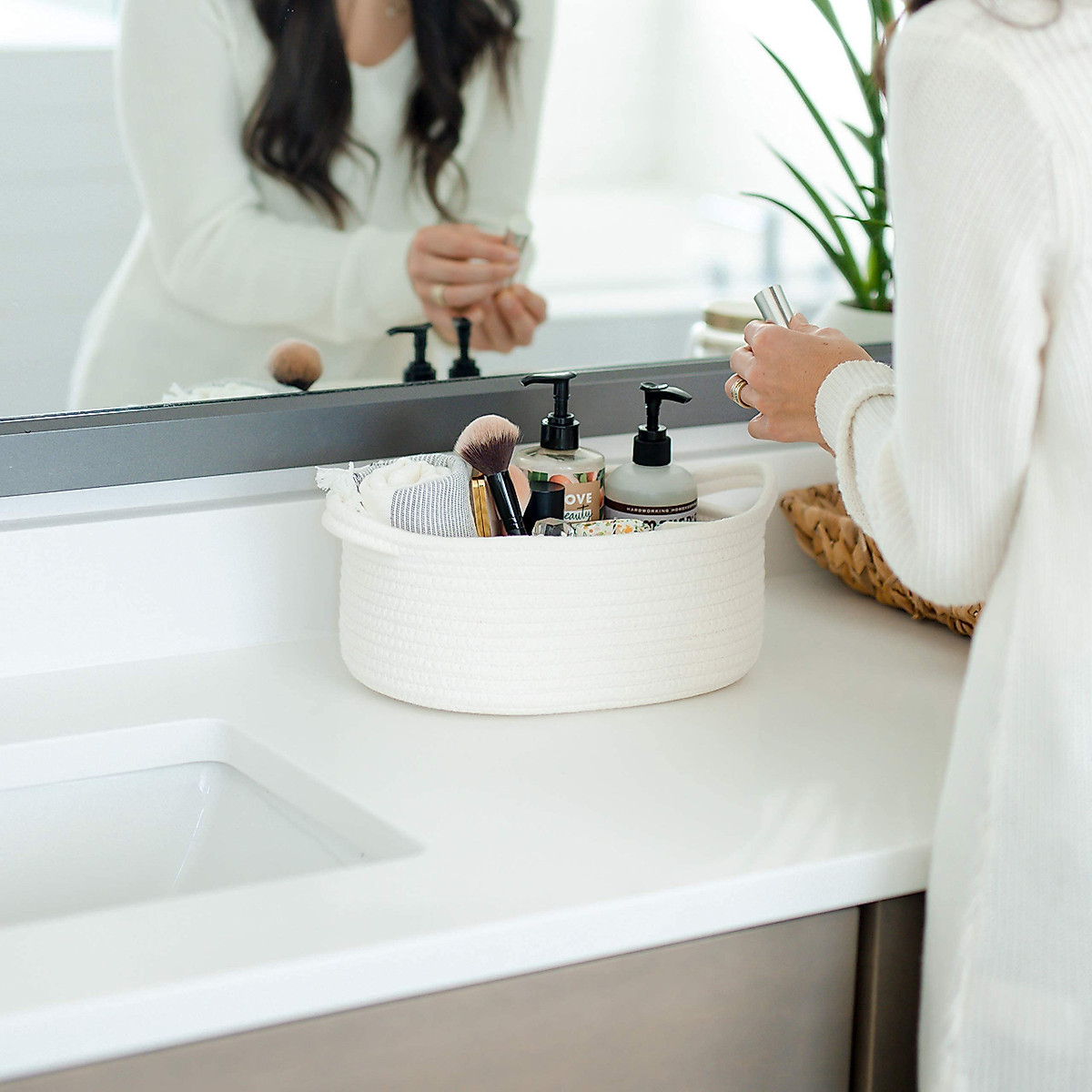 NaturalCozy 3-Piece Oval Storage Basket Set– Natural Woven Gift Basket Empty, Soft Baby Basket for Nursery, Cat Dog Toy Baskets, Small Rope Basket (Off White)