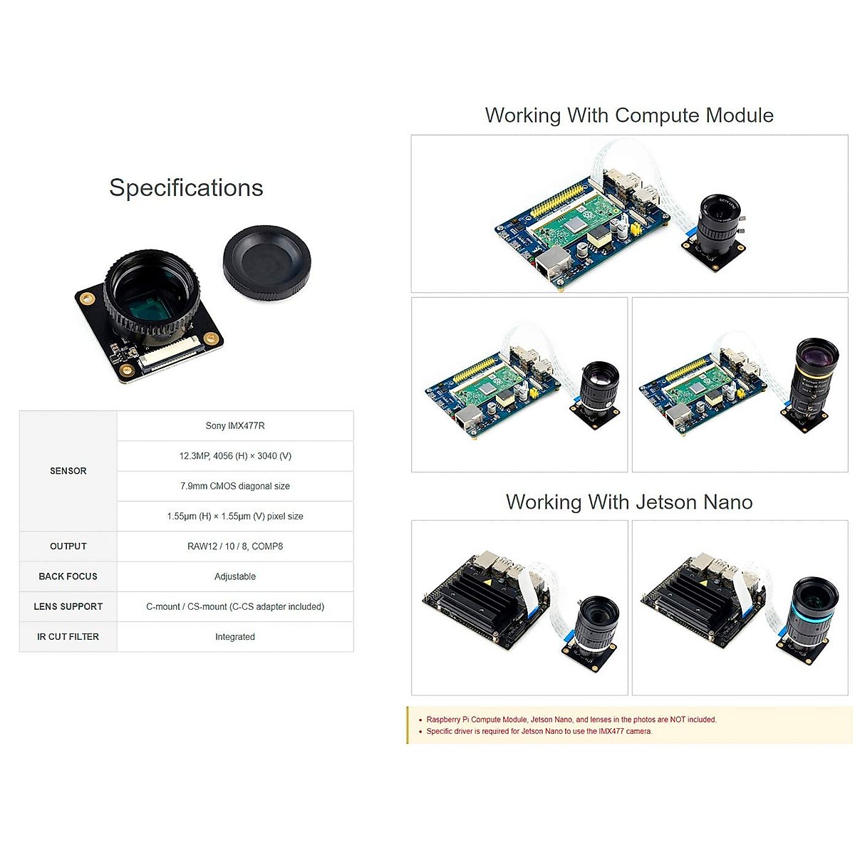 Bicool IMX477 Sensor 12.3MP Camera for Compute Module 3/ CM3 Lite/ CM3+ / CM3+ Lite/Jetson Nano,Supports C/CS Lenses,High Resolution High Sensitivity