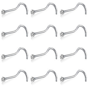 CrazyPiercing 12pcs Wholesale Lot Bling-Bling Crystal Rhinestone Stainless Steel Body Piercing Jewelry Nose Ring, Hypoallergenic, 20 Gauge
