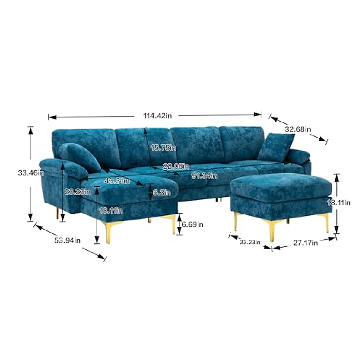 i-POOK 114.42" Polyester U Shaped Sectional Couch, 4 Seat Convertible Sofa with Removable Ottoman and 6.3" Thick Soft Cushion, Deep Seat Comfy Couches for Living Room, Teal Blue